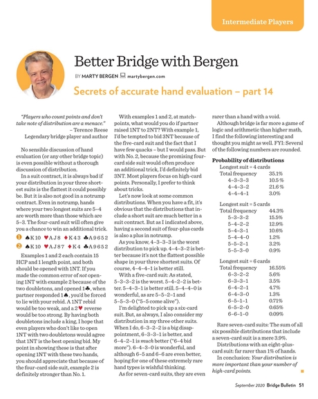 September 2020 - Better Bridge with Bergen-Marty Bergen