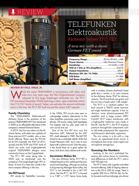 RECORDING May 2024 - TELEFUNKEN Elektroakustik Alchemy Series TF17 FET