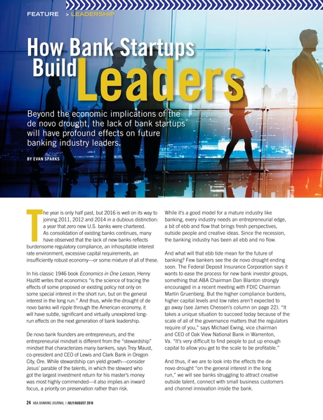 ABA Banking Journal - July/August 2016 - HOW BANK STARTUPS BUILD LEADERS