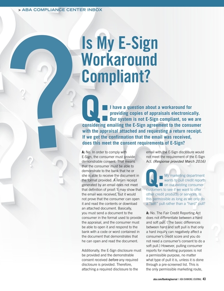 ABA Banking Journal - July/August 2016 - ABA COMPLIANCE CENTER INBOX