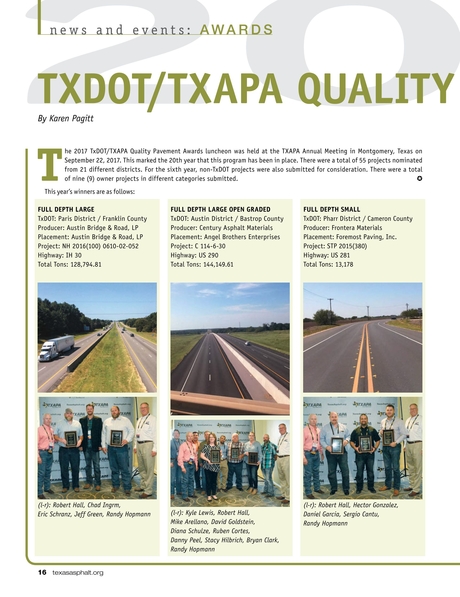 Texas Asphalt - Winter 2017 - 2017 TXDOT/TXAPA Quality Pavement Awards