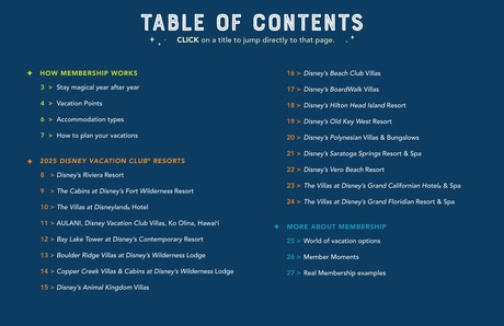 DVC Points Chart Book 2025 - Table of Contents