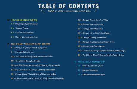 DVC Points Chart Book 2025 - Table of Contents