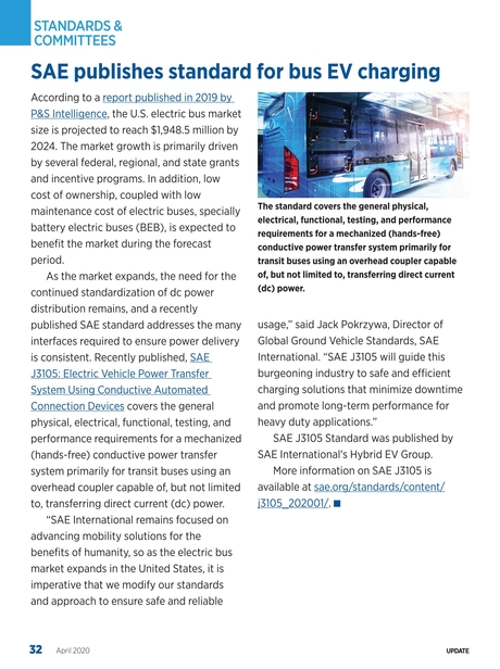 SAE Update - April 2020 - SAE publishes standard for bus EV charging