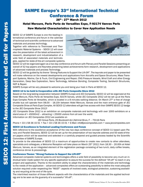 SAMPE Journal - November/December 2011 - SAMPE Europe’s SEICO 2012, Paris