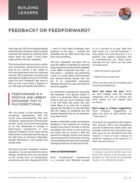 Training Industry Magazine - Fall 2023 - Feedback? Or Feedforward?